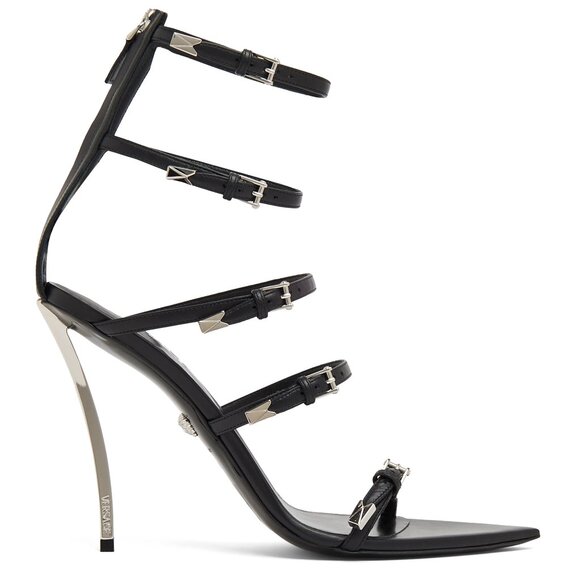 Versace | Shoes | Versace Pinpoint Black Leather Heeled Sandals Size Eu ...